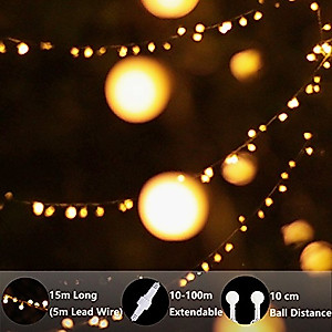 LED Globe String Lights, 100 LED Warm White Globe String Lights Plug in, Waterproof Globe Lights for Indoor and Outdoor, Ideal for Home, Wedding Party, Christmas, Balcony, 49ft Extendable Globe String