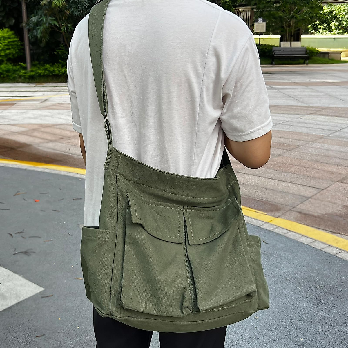 Canvas Messenger Bag, Multi-pockets Casual Canvas Tote for College Large Crossbody Shoulder Bag for Women and Men, Army Green