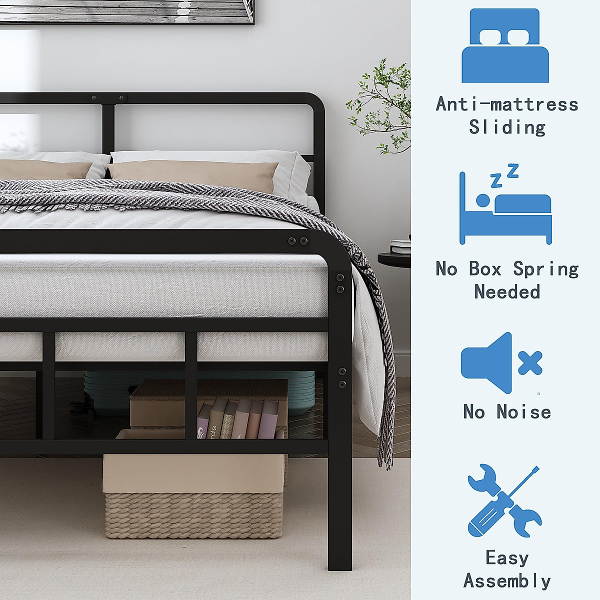 HOBINCHE King Size Metal Bed Frame with Headboard and Footboard, 14 Inch Black Heavy Duty Mattress Foundation with Steel Slat Support, No Box Spring Needed, Noise Free