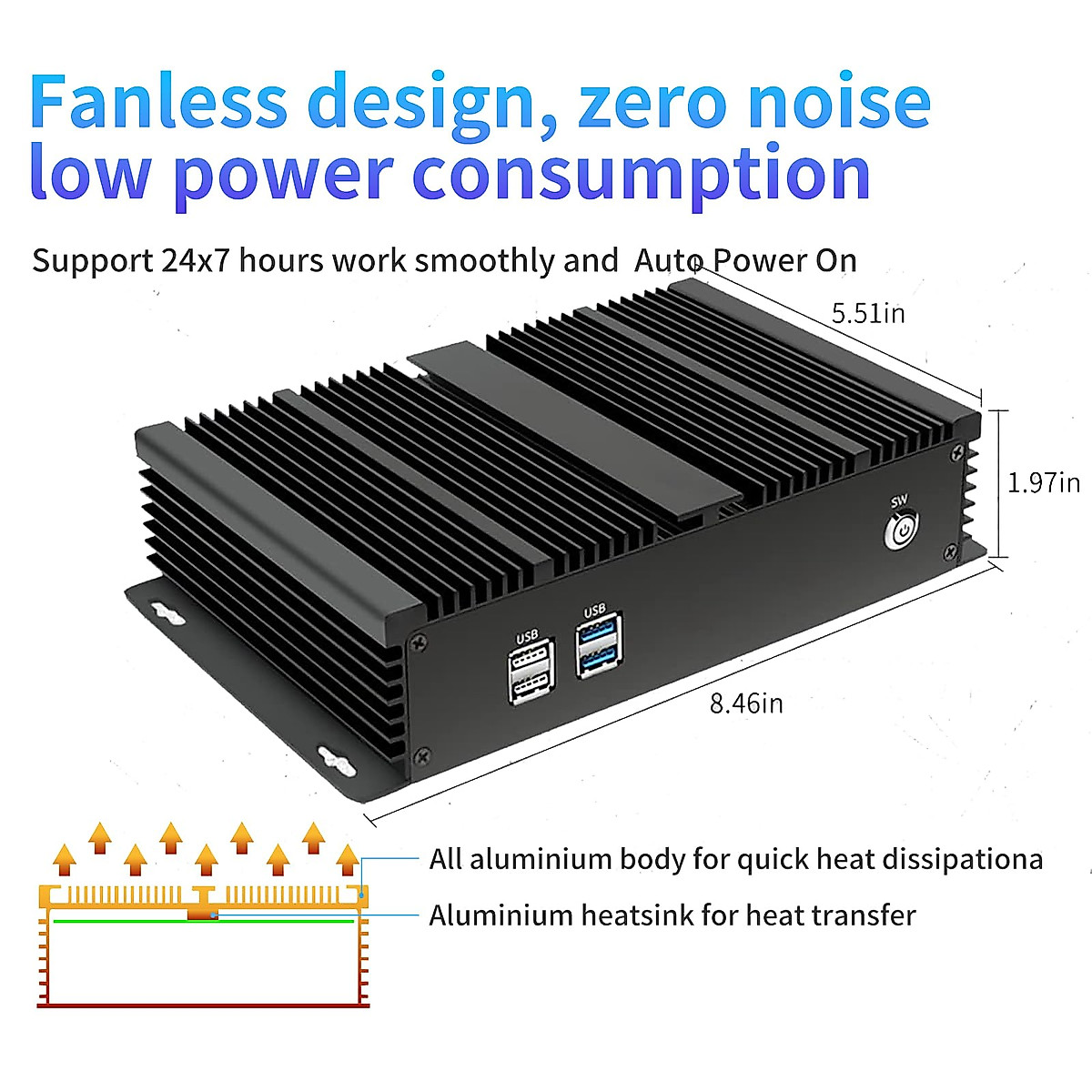 Kinupute Fanless Mini PC, Industrial Desktop Computer Core i3-5005U 2.0GHz, Windows 10 Pro, 8GB RAM, 128GB SSD, 2xNICs, 2xCOM RS232, 4xUSB 3.0, HDMI/VGA Ports, Support Auto Power On