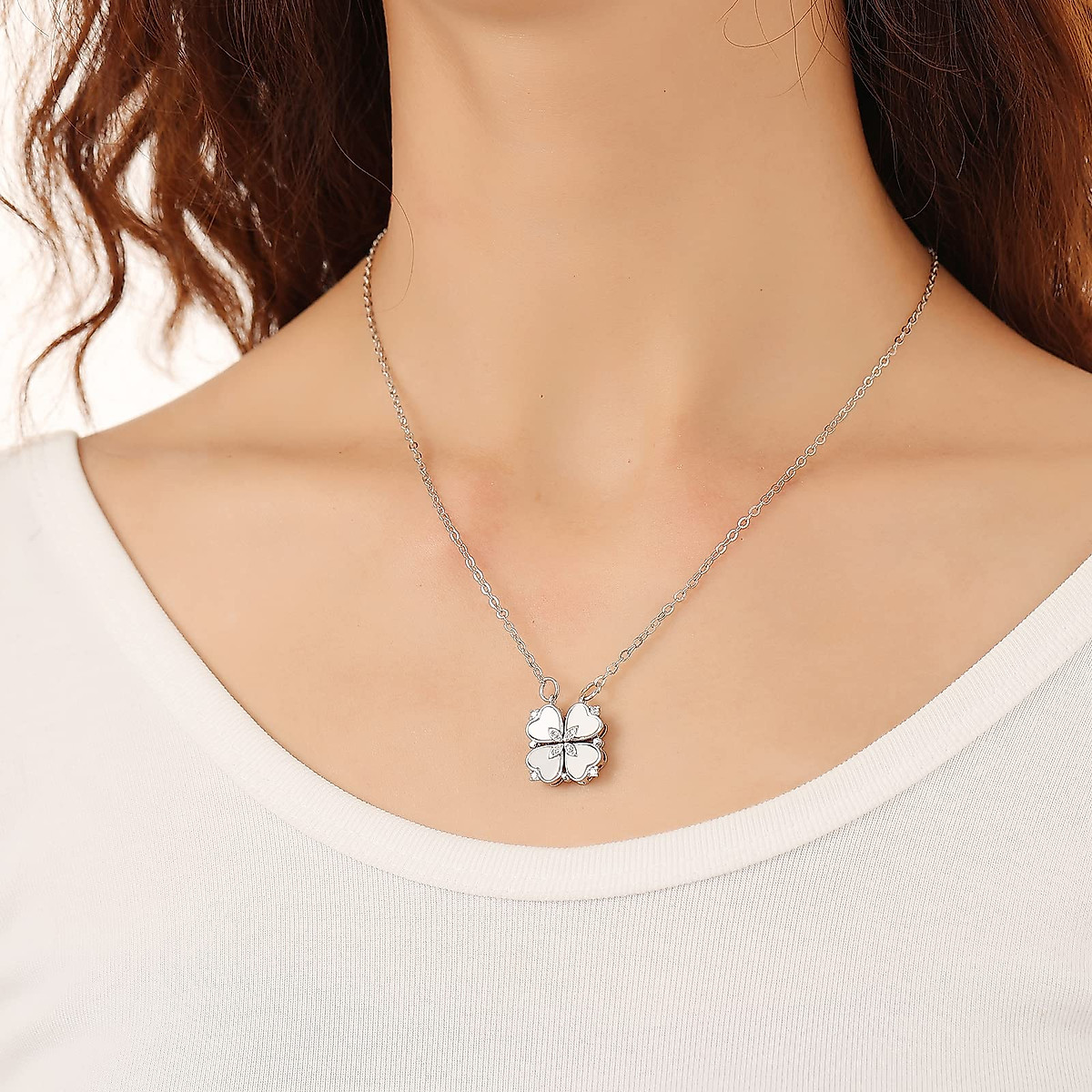 VANGETIMI 2 in 1 Four Leaf Clover Charm Lucky Necklace Heart Crystal Pendant Necklace Silver Link Mother's Day Gifts Jewelry for Women
