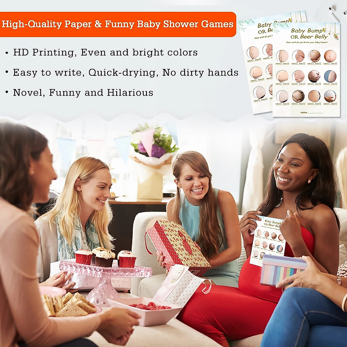 OLOUTAB 30 Baby Shower Games for Boy or Girl-Beer Belly or Pregnant Bump Game Cards- Gender Reveal Games Party Supply Kit-Gender Neutral Design,New Fun Games