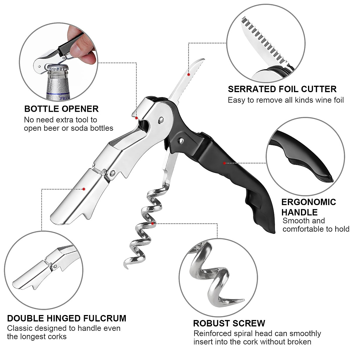 Uaorexplo Wine Key, Black, 2PCS, Waiter Corkscrew Wine Opener Manual, Double Hinged with Foil Cutter, Sturdy Stainless-Steel Screw, Wine Bottle Opener for Servers, Waiters, Bartenders and Sommeliers