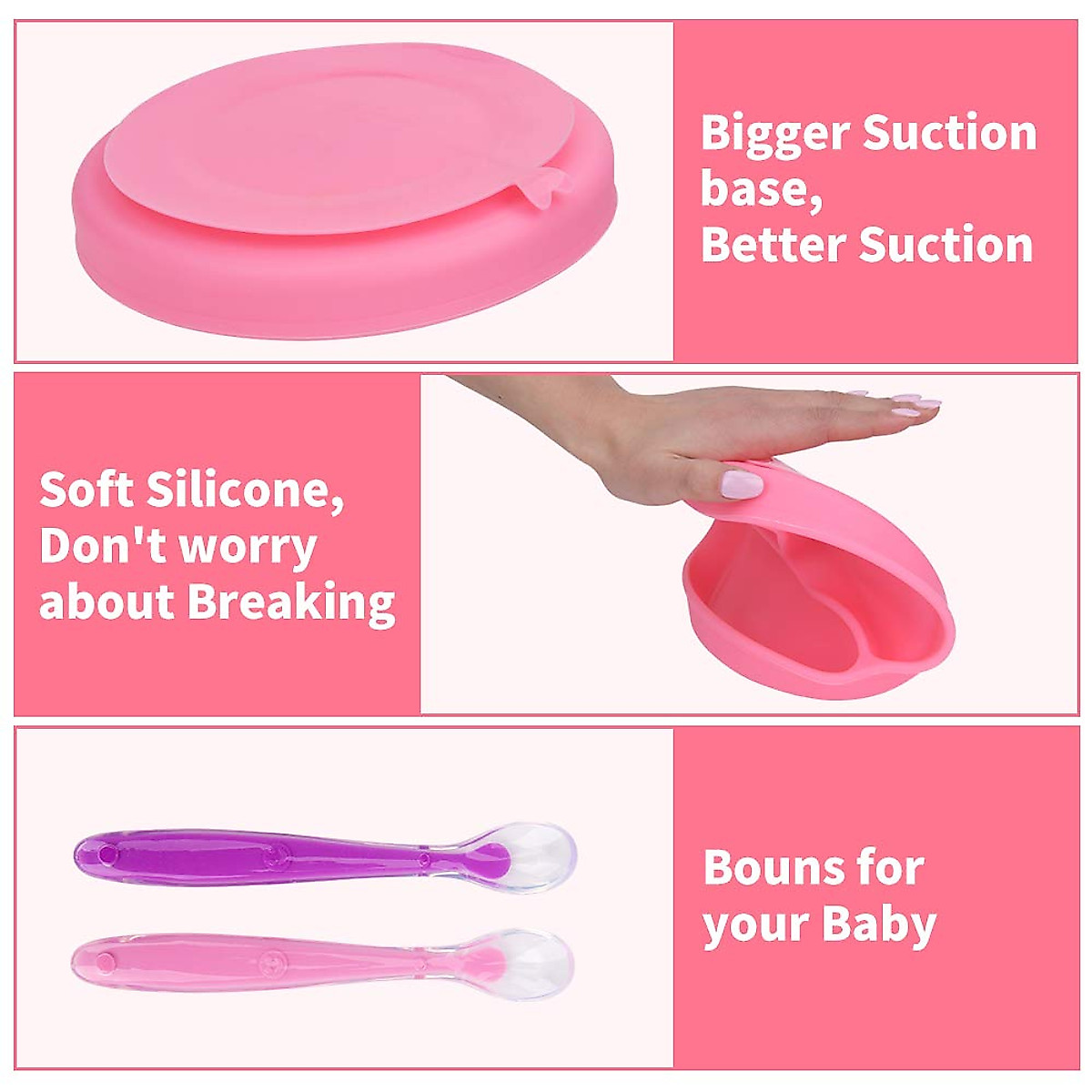 Baby Plate Bowl - Silicone Mini Mat - Super Suction Placemat Bowl with 2 Spoons for Self Feeding, 100% Safe Silicone, Dishwasher and Microwave Safe KingKam