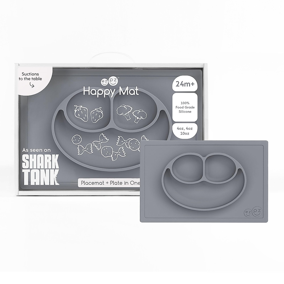 ezpz Happy Mat - 24 Months+ (Gray) - 100% Silicone Suction Plate with Built-in Placemat for Toddlers + Preschoolers - Divided Toddler Plates - Toddler Essentials