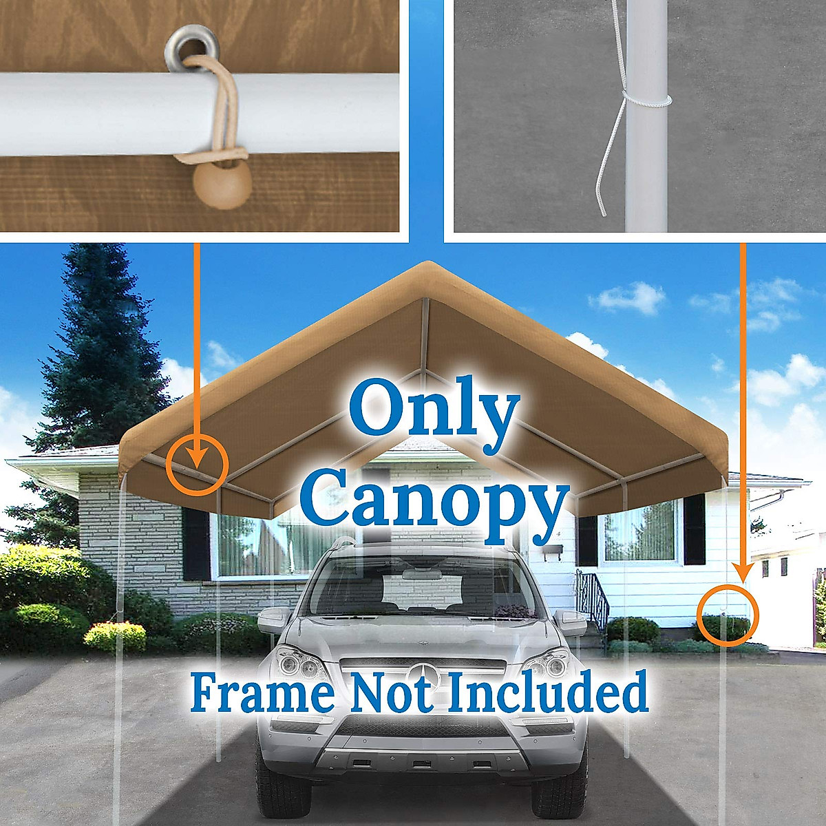 BenefitUSA Canopy ONLY 10'x20' Carport Replacement Canopy Outdoor Tent Garage Top Tarp Shelter Cover w Ball Bungees (Tan)