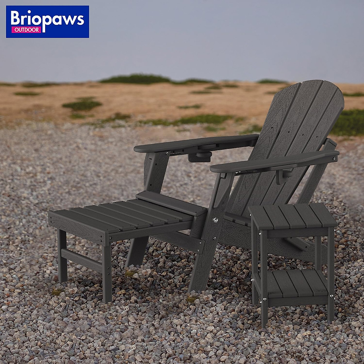 BRIOPAWS Folding Adirondack Chair with Adjustable Backrest & Ottoman, Wood Texture All-Weather HDPE Outdoor Chairs w/Cup Holders & Retractable Footrest for Poolside, Fire Pit, Campfire, Deck, Grey