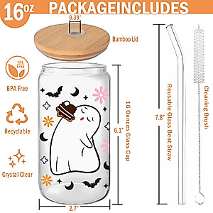 KIKUHE Halloween Ghost Iced Coffee Glass Cups, 16oz Cute Floral Ghost Glass Cups with Lids and Straws, Halloween Gifts, Cute Spooky Gifts for Her, Spooky Halloween Tumbler Mug for Women Girls Kids