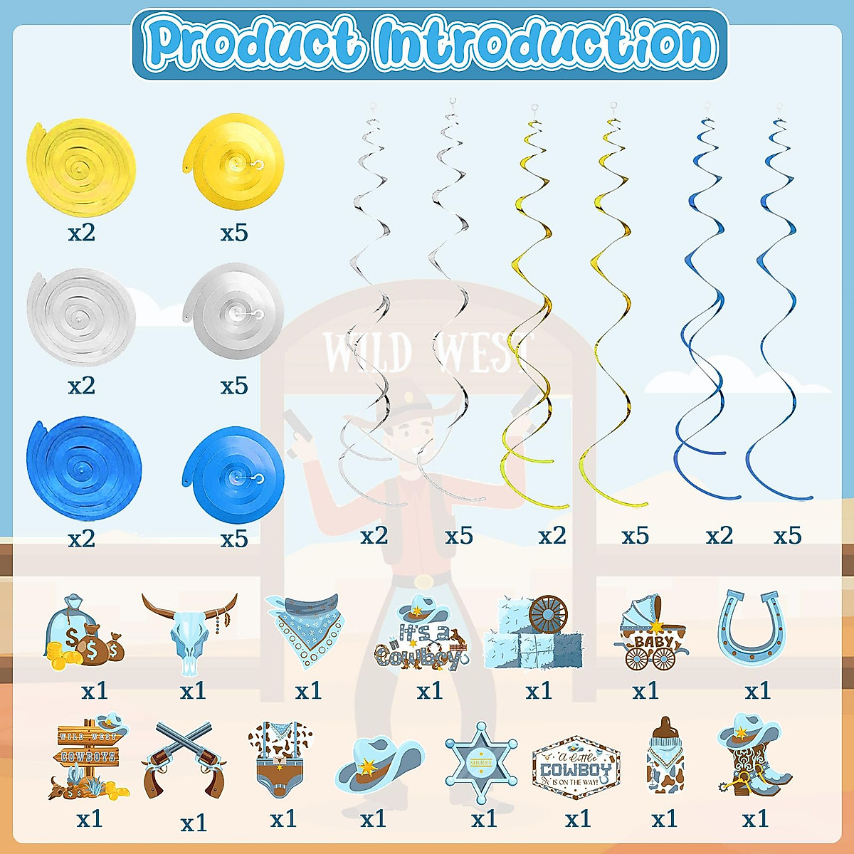 36Pcs Cowboy Baby Shower Themed Party Hanging Swirl Wild Western Birthday Decor Cowboy Themed Party Swirls Streamers Supplies for Boys Baby Shower Ceiling Decorations