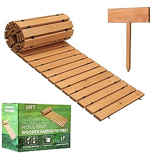 LINSHRY 10FT Wooden Garden Pathway, Outdoor Roll Out Decorative Garden Walkway, Weather-Resistant Non-Slip Hardwood Walkway Pavers for Garden, Backyard, Beach, Wedding Party Pathways