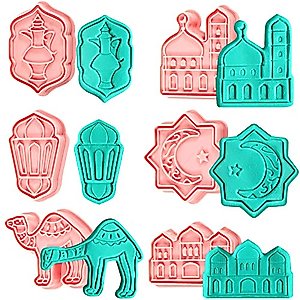 6 Pieces Eid Mubarak Cookie Cutters Set, Islamic Muslim Ramadan 3D Sugar Cookie Pie Crust Cutter Pastry Fondant Stamper Baking Mold Cake Decorating Tool, Embossing, Lantern, Camel, Star, Moon