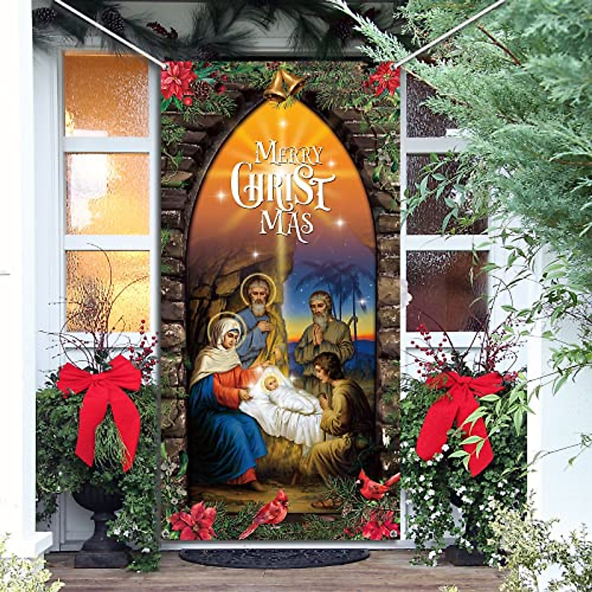 Tatuo Christmas Decoration Outdoor Christmas Religious Door Cover Holy Nativity Front Door Hanging Backdrop Christmas Photography Background for Winter Xmas House Church Party Supplies, 70 x 35 Inch
