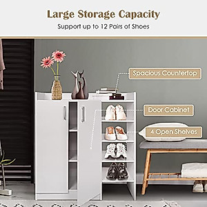 Giantex Shoe Cabinet, Freestanding Shoe Rack Storage Organizer with 5-Postition Adjustable Shelves, 2-Door Storage Cabinet with 5 Open Compartments for Entryway Hallway Living Room (White)