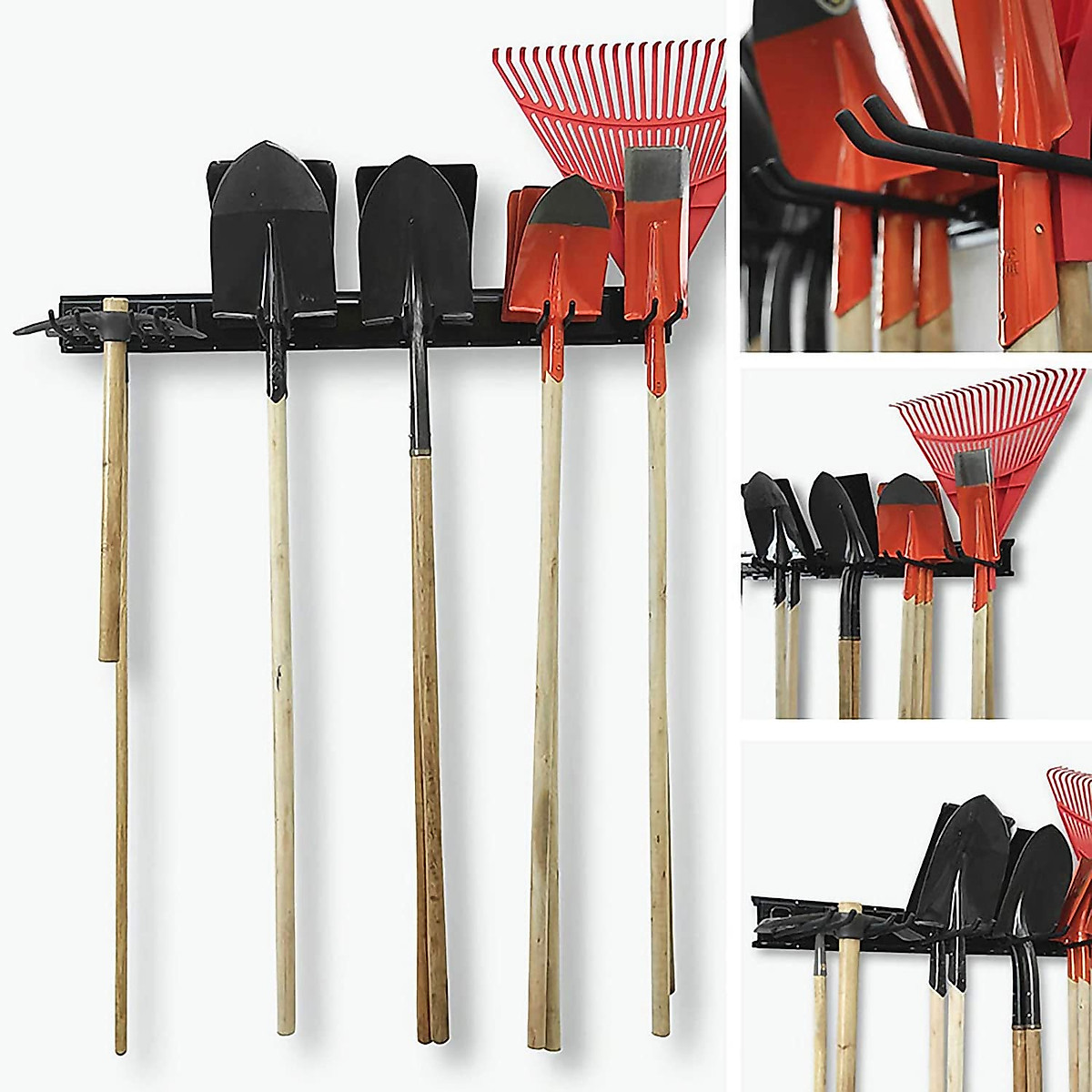 foriy Garage Clamping Garden Tool organizer Tool Storage Rack with 6 Hooks Wall Mount Tool Storage Hook Heavy Duty Garden Tool Hanger Rack for Ski Gears, Chair, Broom, Mop, Rake Shovel Yard Tools