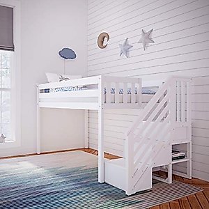 Max & Lily Low Loft Bed, Twin Bed Frame For Kids With Stairs, White