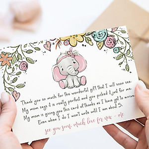 Paper Clever Party Cottage Elephant Baby Shower Thank You Cards with Envelopes - 25 Pack - Pink Floral 4x6 Blank Notes with Prefilled Message from Baby Girl - Personalizable Space for Customization