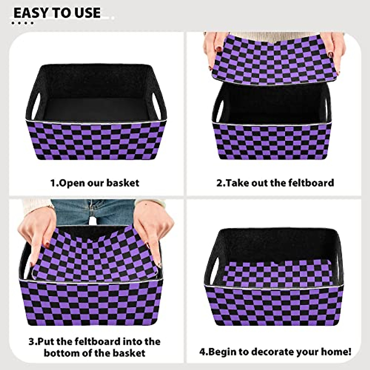 Checkerboard Black Purple Plaid Storage Basket Felt Storage Bin Collapsible Felt Storage Convenient Box Organizer for Clothes Towels Magazine