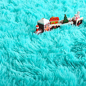 Foxmas Kids Rug for Princess Tent, 4.6 FT Teal Fluffy Rug for Girls Castle, Hexagon Rug Baby Play Mat for Nursery, Super Soft Fuzzy Plush Rug for Girls Bedroom, Baby Nap Mat Carpet Kids Room Decor