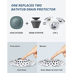 2 in 1 Bathtub Stopper with Drain Hair Catcher, Miaphie Anti-Clogging Tub Stopper with Dual Filtration Design, Pop-up Bath Tub Stoppers Bathtub Drain Plug for 1.45-1.85" Drain Hole
