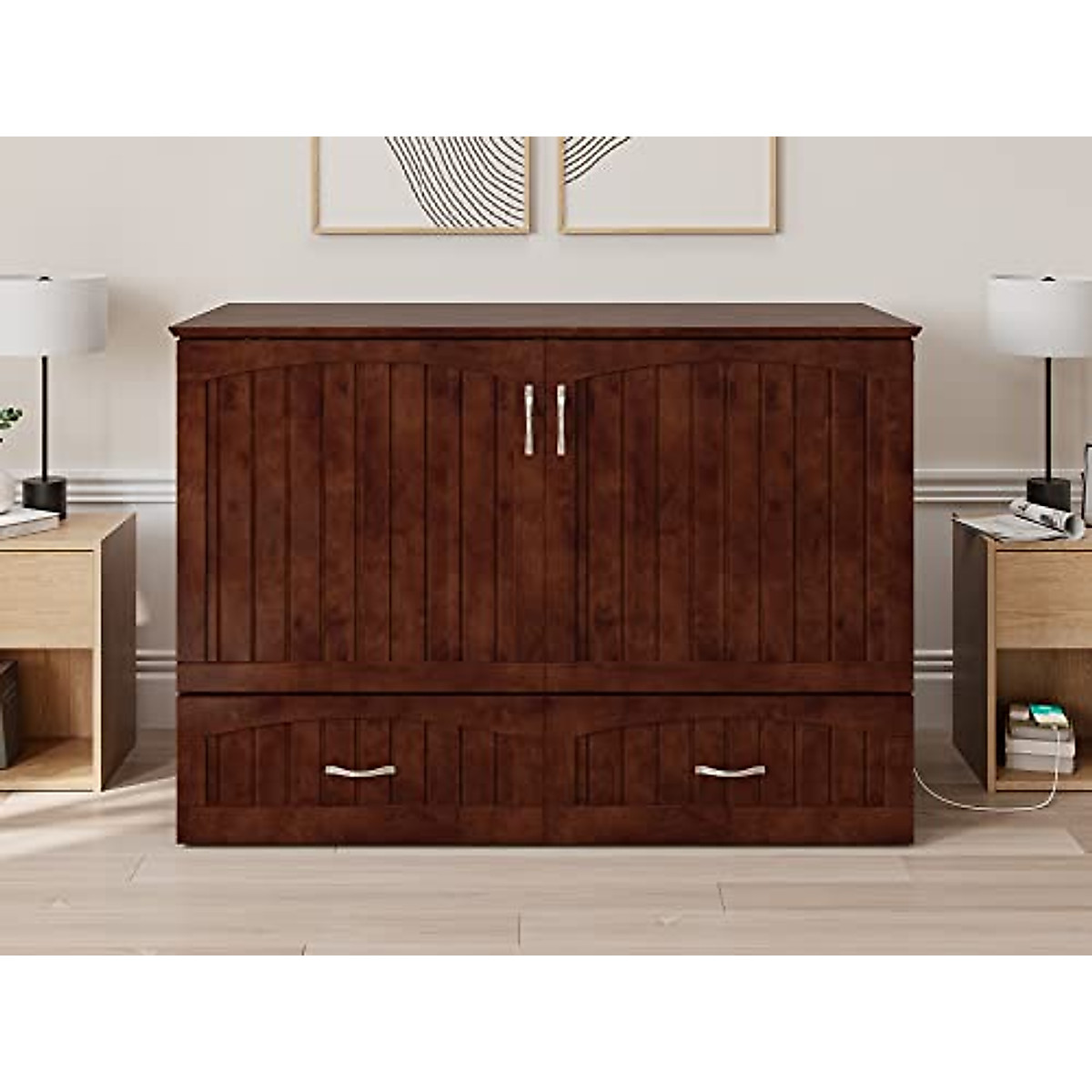 AFI Southampton Full Murphy Bed Chest with Mattress, Storage, and Built-in Charger in Walnut