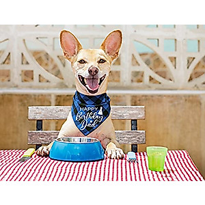 YHTWIN Funny Cute Cotton Blue Plaid Happy Birthday Dad Pet Dog Bandanas, Pet Birthday Party Decorations Supplies Dad Dog Birthday Triangle Bibs, Dog Lover Prop Pet Accessories Gift