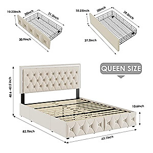 Keyluv Queen Upholstered LED Bed Frame with 4 Drawers, Velvet Platform Storage Bed with Adjustable Button Tufted Headboard and Solid Wooden Slats Support, No Box Spring Needed, Beige