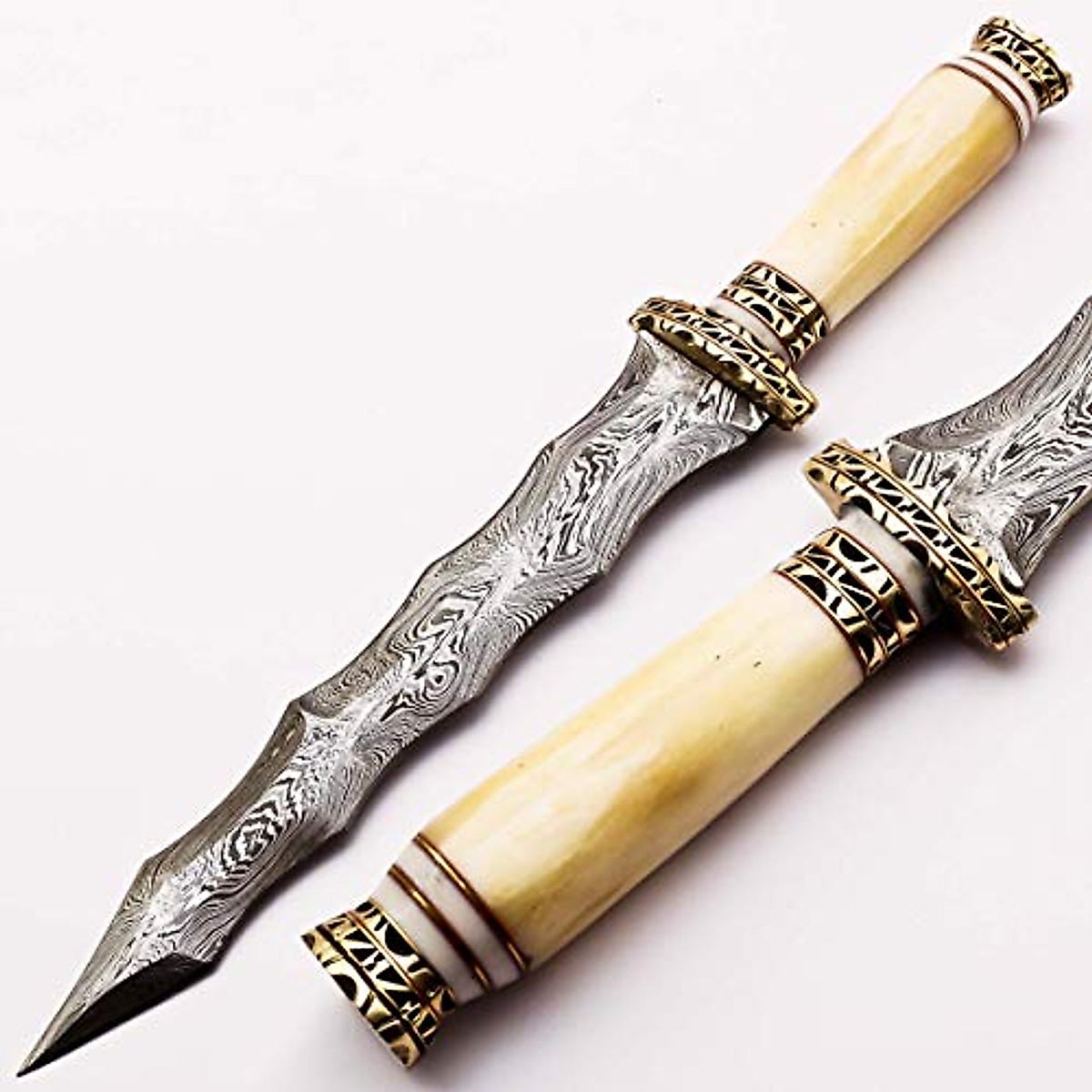 Skokie Knives HAND MADE DAMASCUS STEEL HUNTING DAGGER KNIFE WAVY BLADE WITH ORIGINAL CAMEL BONE