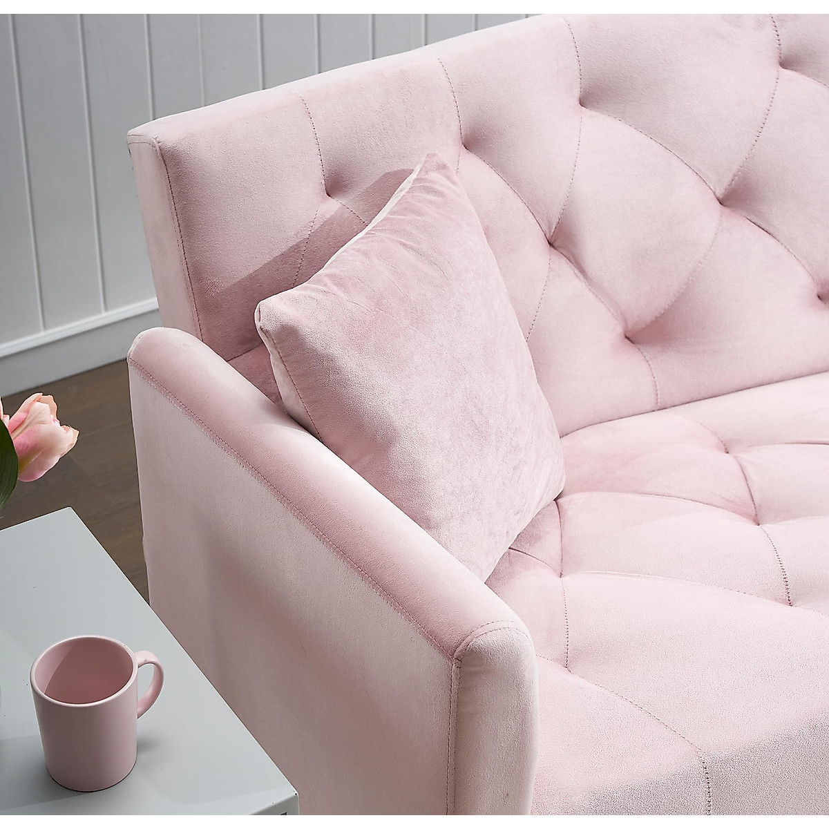 Modern Velvet Sofa Bed Futon with 2 Pillows,2-in 1 Convertible Sleeper Couch Bed,Folding Recliner Loveseat with Golden Metal Legs for Living Room Apartment Office (Pink) (Light Pink)