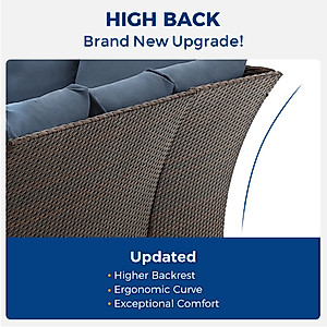 Wisteria Lane Patio Furniture Set, 7 Piece High Curved Back Outdoor Dining Sectional Sofa with Dining Table and Chair, All Weather Wicker Conversation Set with Ottoman, Blue