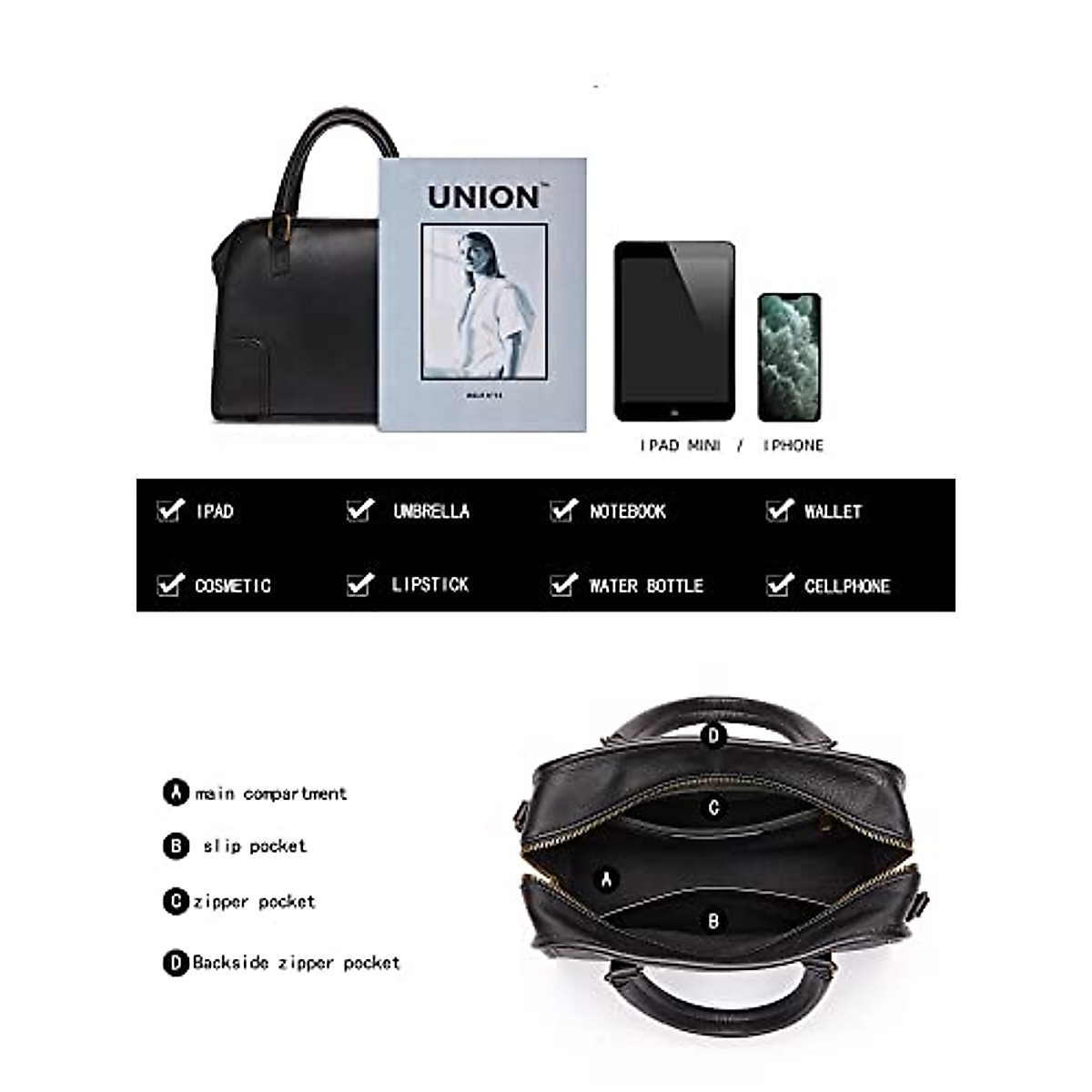 Vintage Leather Top Handle Handbags For Women Cowhide Satchel Shoulder Purse With Removable Strap (1-Black)