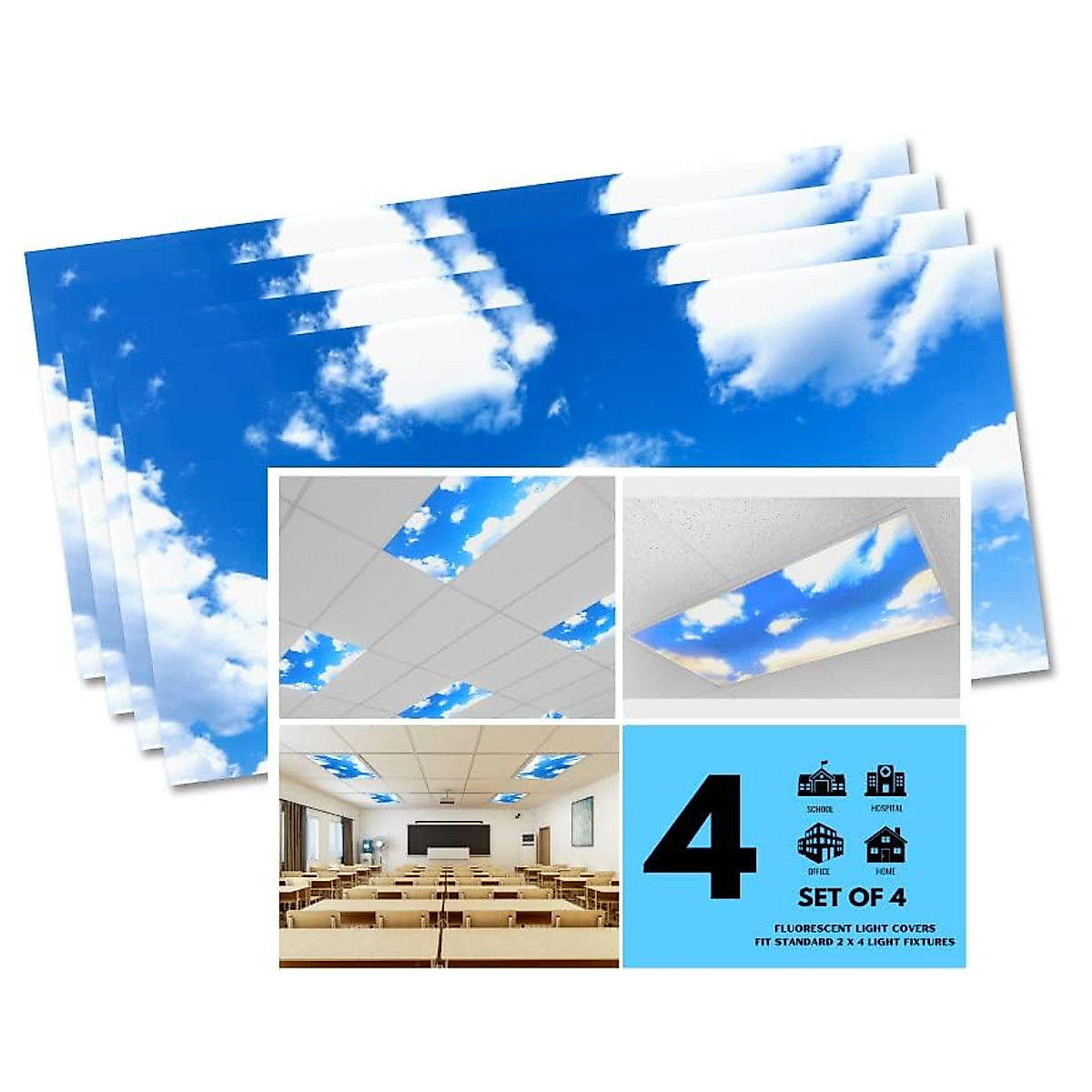 ShadeMAGIC - 4 Pack of Fluorescent Light Covers - 2x4 Film Insert for Ceiling Light Diffuser Panels - Sky Clouds - for Classrooms and Offices - Decorative Lighting (4)