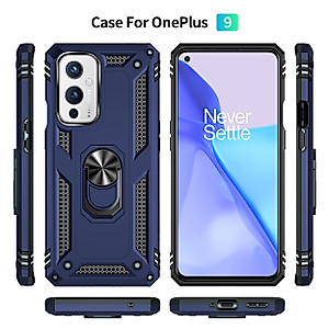 Dionsibei Military Grade Drop Impact for Oneplus 9 Case Oneplus 9 5G Case 360 Metal Rotating Ring Kickstand Holder Armor Heavy Duty Shockproof Case for Oneplus 9 Phone Case (Blue)