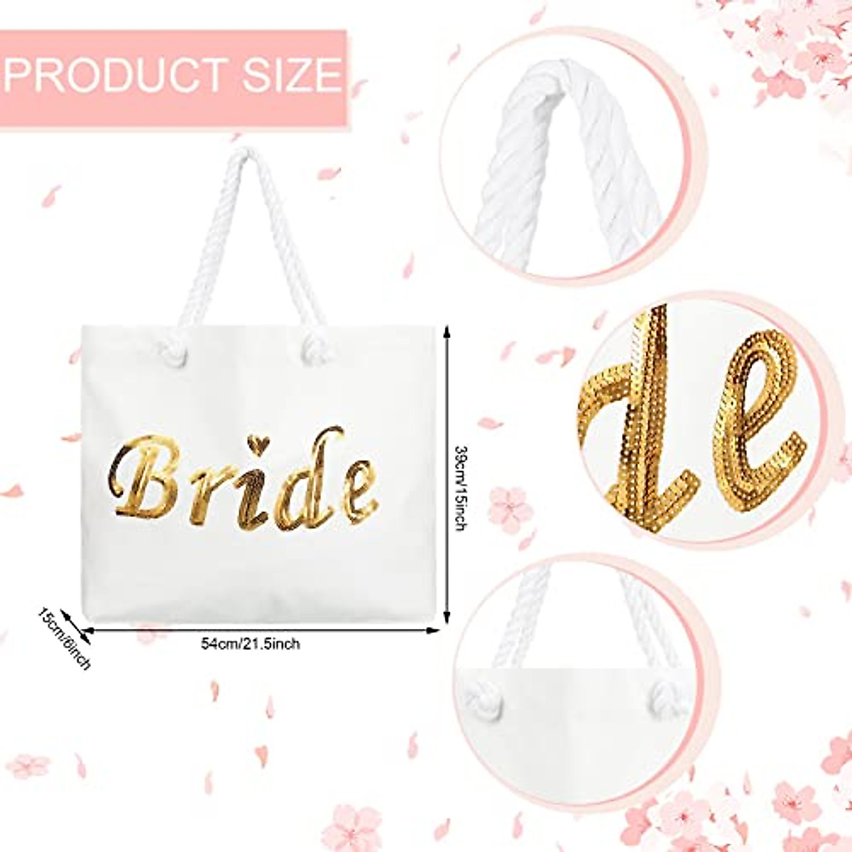 2 Pieces Gold Sequin Bride Tote Bag Canvas Beach Bag Bridal Shower Party Bags Large Wedding Clutch Bag with I Do Makeup Pouch for Engagement Bachelorette Wedding Honeymoon