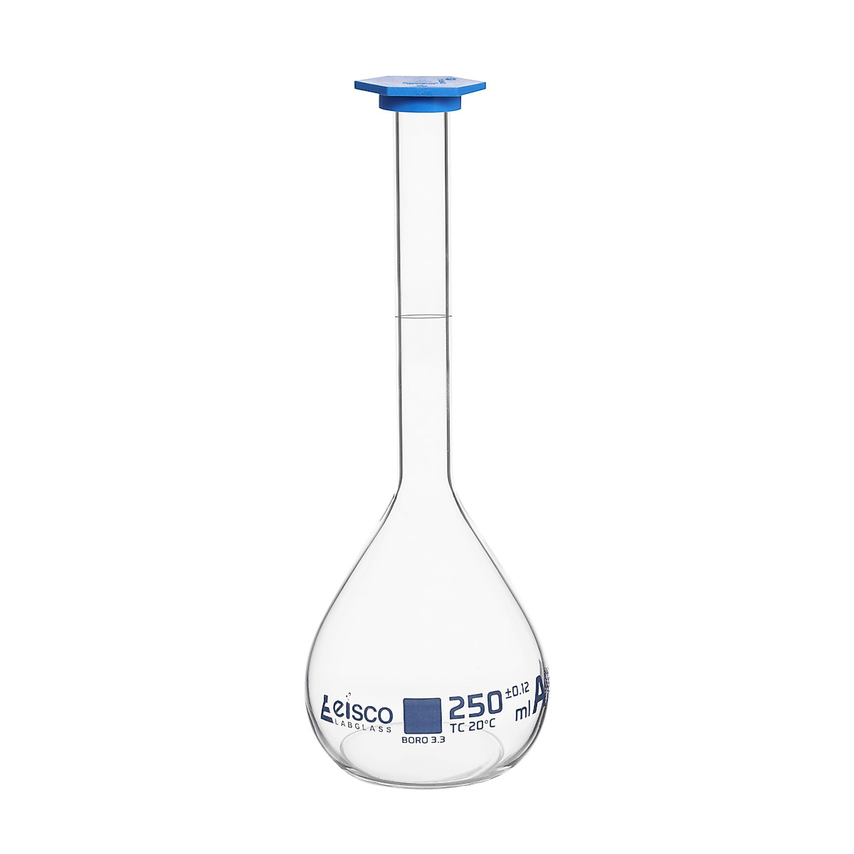 EISCO Volumetric Flask, 250ml - Class A, ASTM - Snap Cap - Blue Graduation Mark, Tolerance ±0.120ml