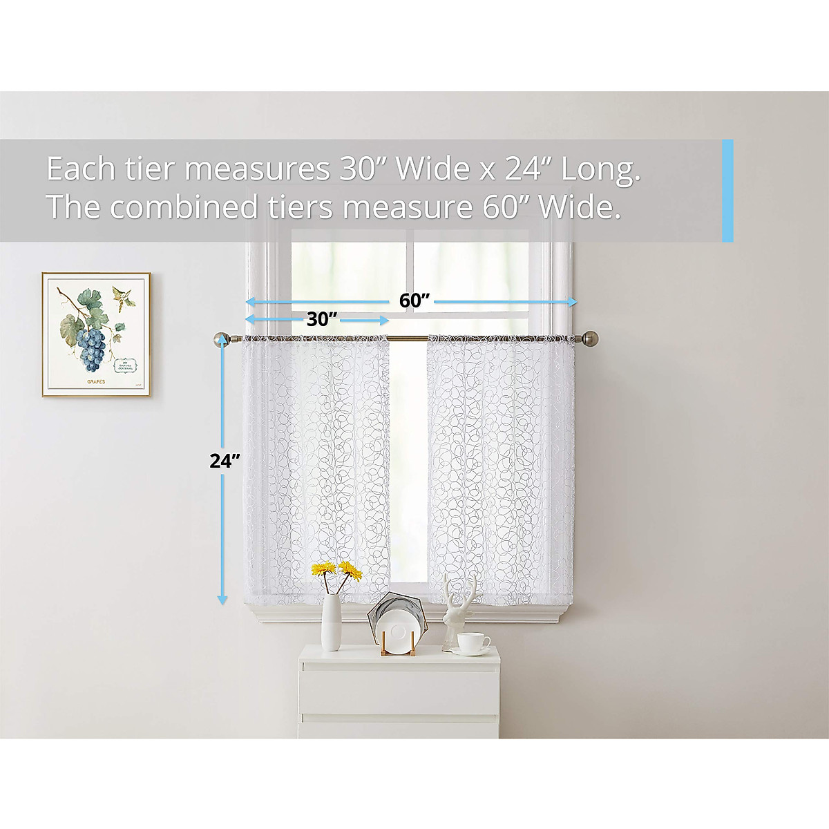 HLC.ME Audrey Embroidered Sheer Voile Window Curtain Short Rod Pocket Tiers for Kitchen, Bedroom, Small Windows and Bathroom (30 x 24 inch Long, White)