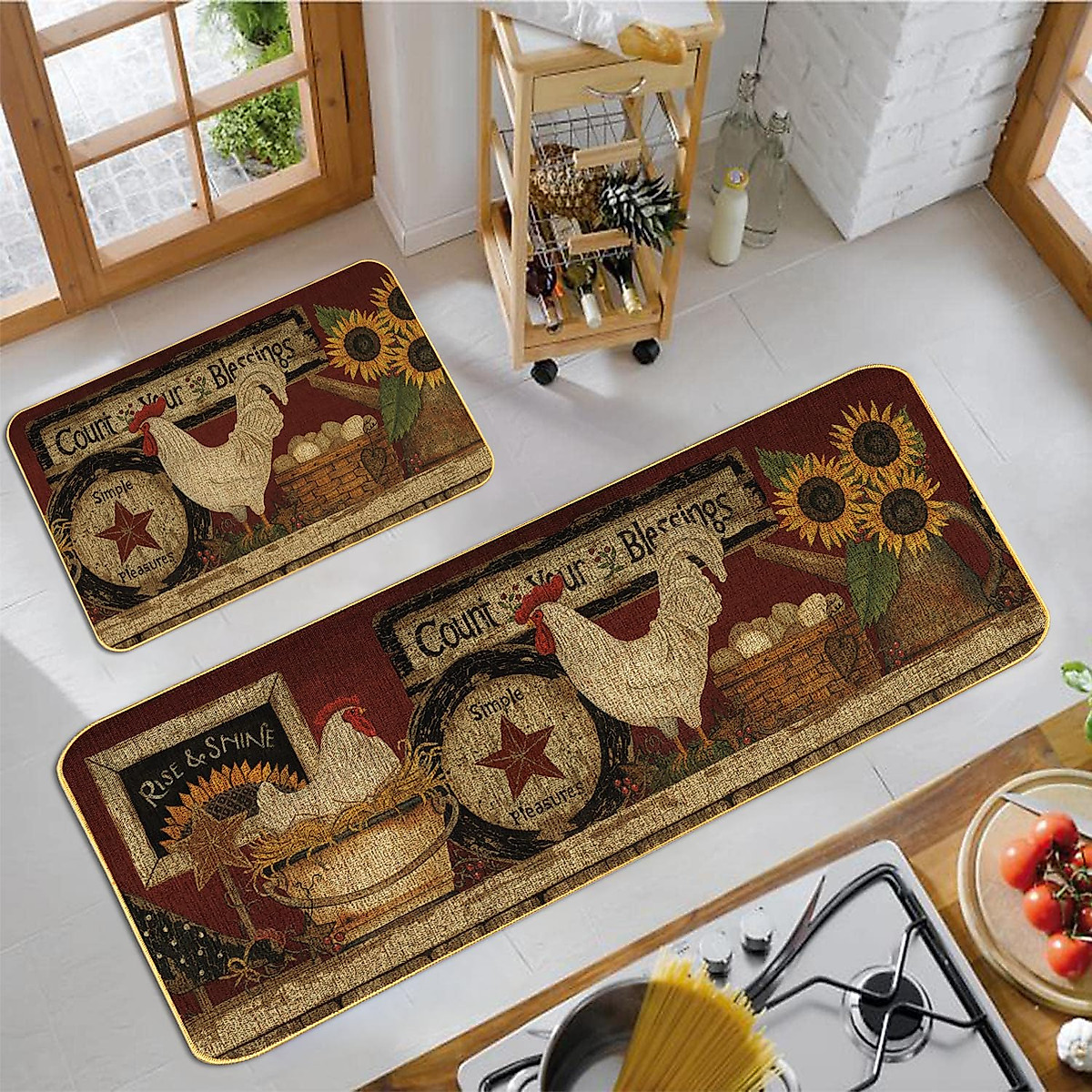 DXSHCG Farmhouse Decorative Kitchen Rugs and Mats Set of 2, Farm Rooster Non-Slip Kitchen Mats,Seasonal Holiday Party Sets Washable Low-Profile Floor Mats - 17x29 and 17x47 Inch