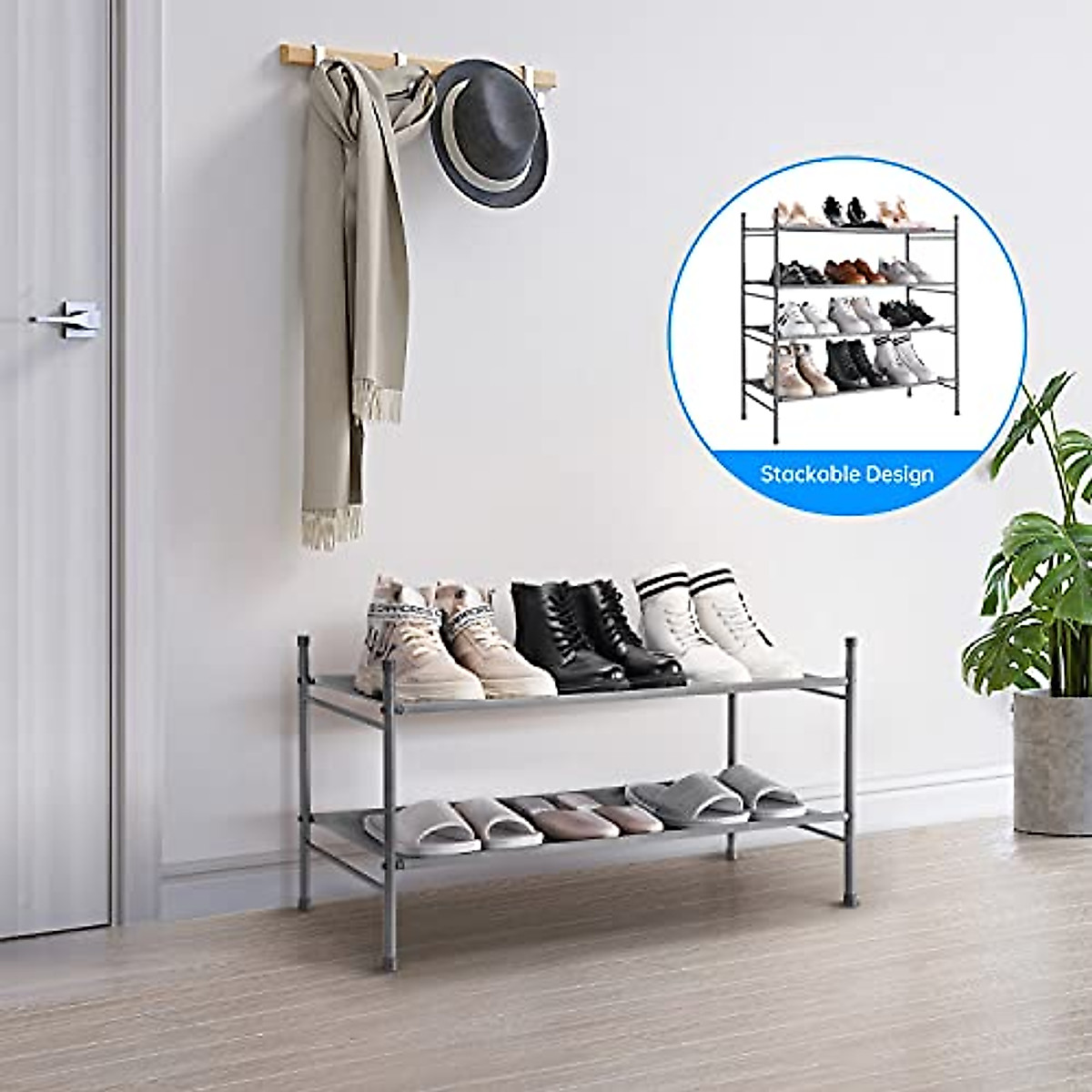 MAX Houser 2-Tier Stackable Shoe Rack, Fabric Shoe Shelf Storage Organizer for Closet Bedroom Entryway, Gray