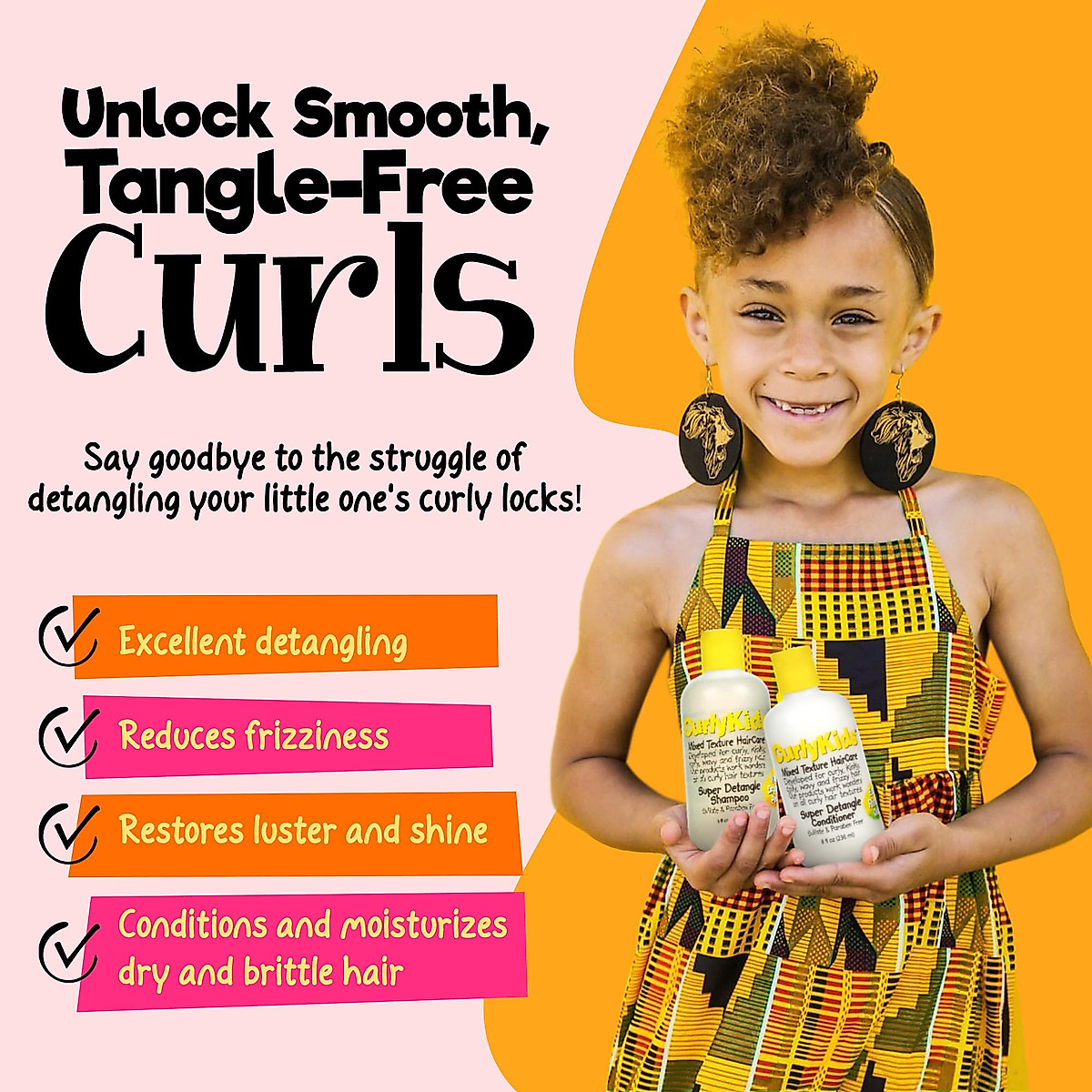 CurlyKids Super Detangle Kids Shampoo & Conditioner Set, Frizz-Free Care for Curly, Kinky, Wavy, and Frizzy Hair - Sulfate & Paraben-Free Hair Care