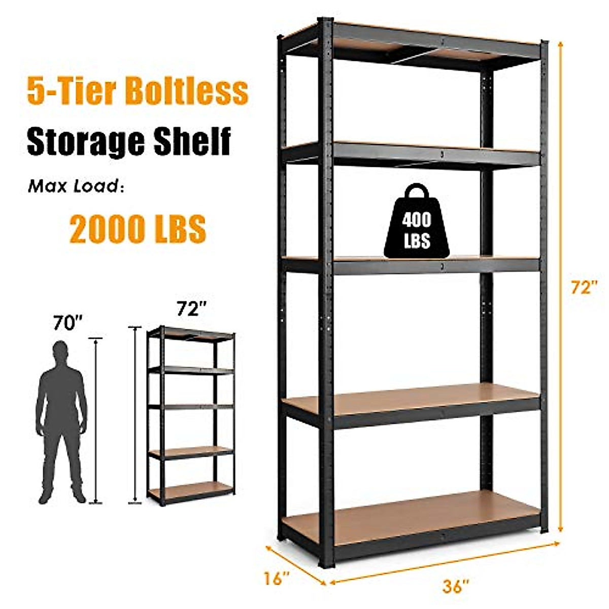 Tangkula Metal Storage Shelves, Heavy Duty Steel 5 Tier Utility Shelves with Adjustable Shelves, Bolt-Free Assembly, High Weight Capacity, Garage Organization Storage Rack, 36"Lx16''Wx72"H (1, Black)