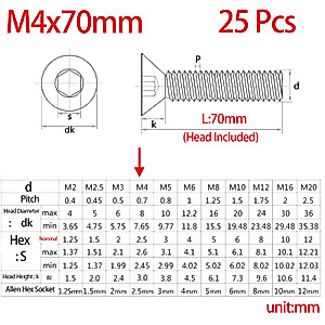 M4-0.7 x 70mm Flat Head Socket Cap Screws Bolts, Stainless Steel 18-8 (304), Bright Finish, Allen Socket Drive,Machine Screws Inner Hex Screw Fasteners Bolts 25 Pcs