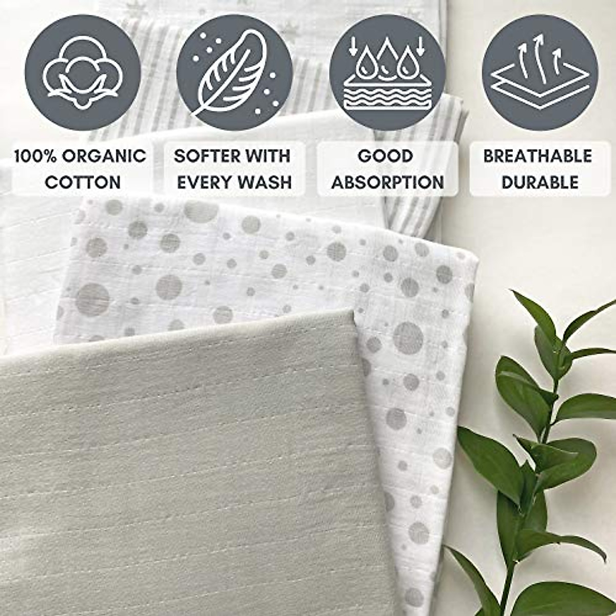 MOZAH Organic Muslin Swaddle Blankets - Baby Extra Large 47x47 inches - Baby Swaddle Blanket - Stars, Stripes, Dots, Grey - Unisex Muslin Blankets Girl or Boys