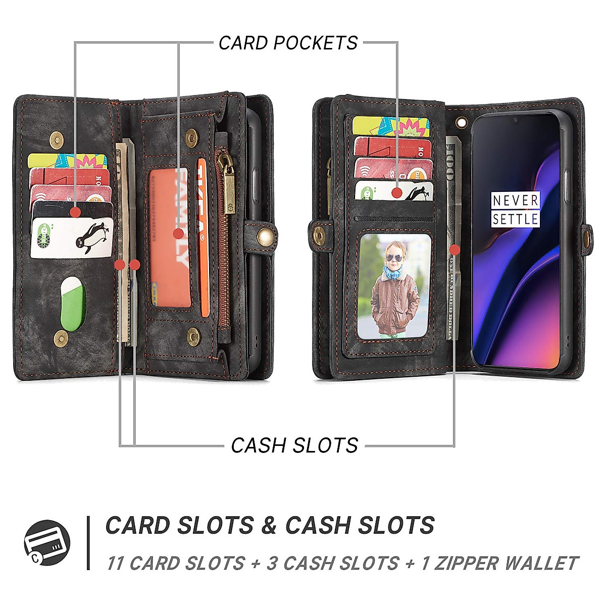 Simicoo OnePlus 7 Pro Leather Wallet Zipper Purse Detachable Card Slots Holder Flip Case Magnetic Wrist Strap Handle Shockproof Cover Pocket Wallet Handbag for OnePlus 7 Pro 1+7 Pro (Black)