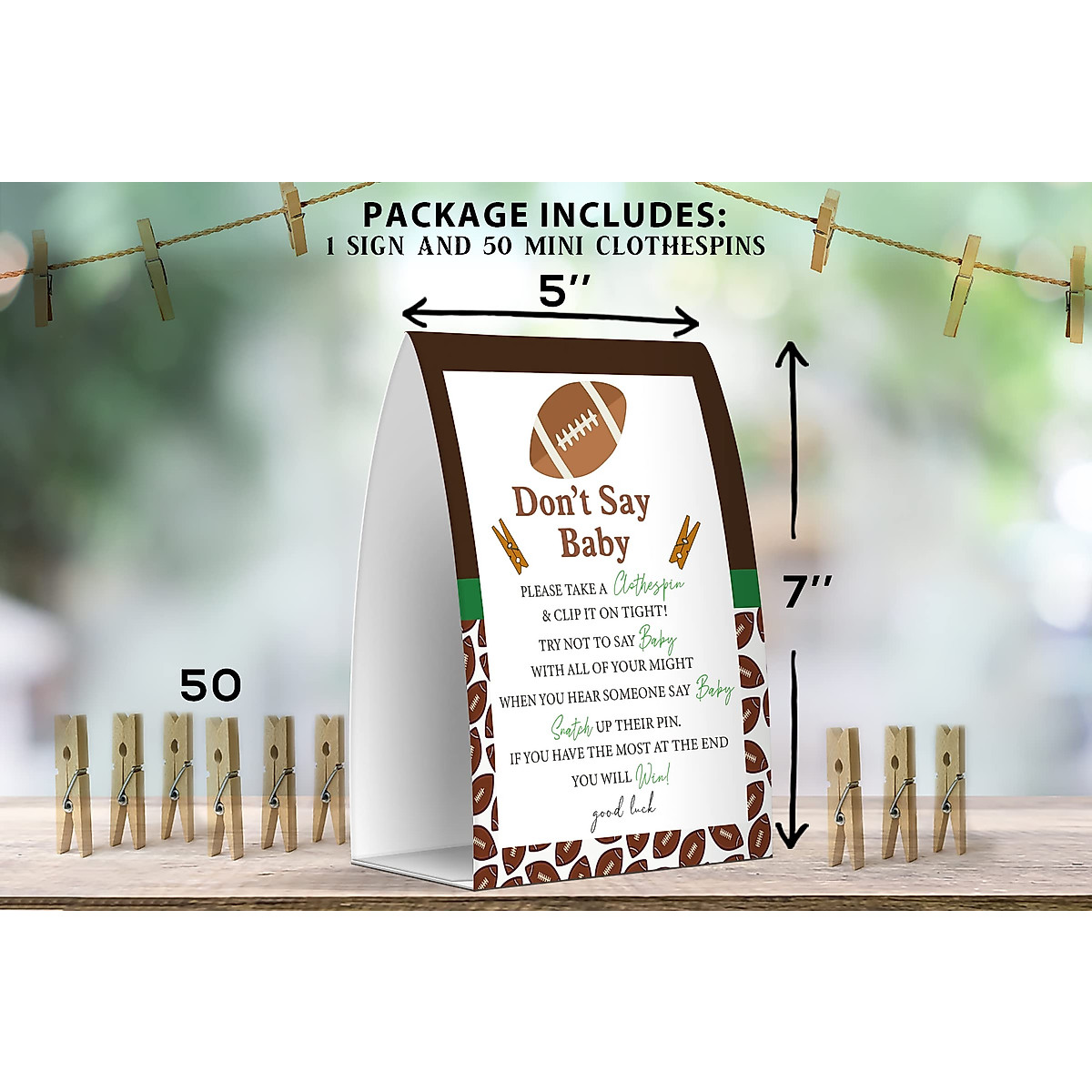 Don't Say Baby Set - One 5x7 Sign and 50 Mini Clothespins, Baby Shower Games, Baby Shower Decoration, Gender Neutral Baby Shower - MsJb031