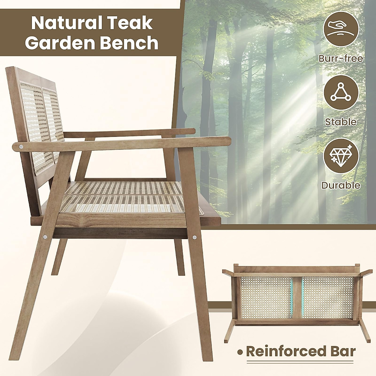 Tangkula Outdoor Teak Wood Garden Bench, 2-Person Patio Bench with Armrests, Rattan Backrest & Seat, Patio Garden Bench for Porch, Lawn, Balcony and Backyard, Natural