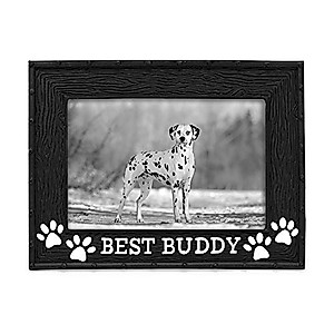 Isaac Jacobs 4” x 6” Resin Sentiments Dog Best Buddy Picture Frame, Horizontal Keepsake Photo Frame with Easel and Hanging Tabs for Tabletop, Desktop & Wall Display, (Black)