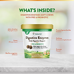 NaturVet Advanced Probiotics and Enzymes Supplement Digestive Enzymes - Plus Probiotics & Prebiotics Soft Chews, 70 Count Made in The USA with Globally Source Ingredients 70 Soft Chews