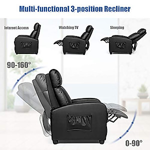Giantex Recliner Chair, Massage Winback Single Sofa w/Side Pocket, PU Leather Recliner Sofa for Living Room, Modern Padded Seat Reclining Chair, Home Theater Seating Office for Adults (Black)