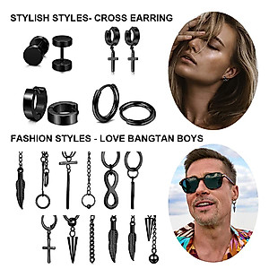 FIFATA Cross Dangle Earrings for Men 20 Pieces, Stainless Steel Stud Hinged Hoop Earrings, Long Chain Kpop Earrings for Women, Black and Silver