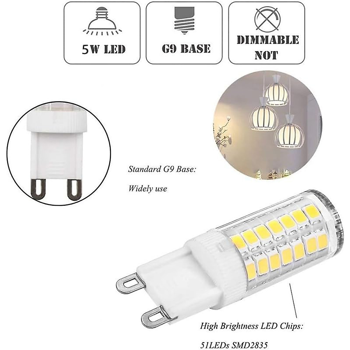 JERYJO G9 led light bulb,5w replacement for 40w halogen G9 bulb, daylight 6000k,G9 corn crystal light for livingroom bedroom lighting(pack of 5)