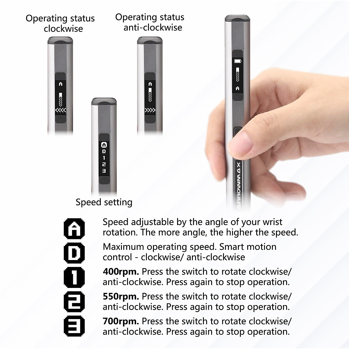ARROWMAX Mini Electric Drill 15 in 1 with Benchtop Press, OLED Display, LED Lights, Gyroscopic, Cordless, 10 HSS Drill Bits, 3/32-Inch, Keyless Chuck, 5 Variable Modes (SDS PRO PLUS)